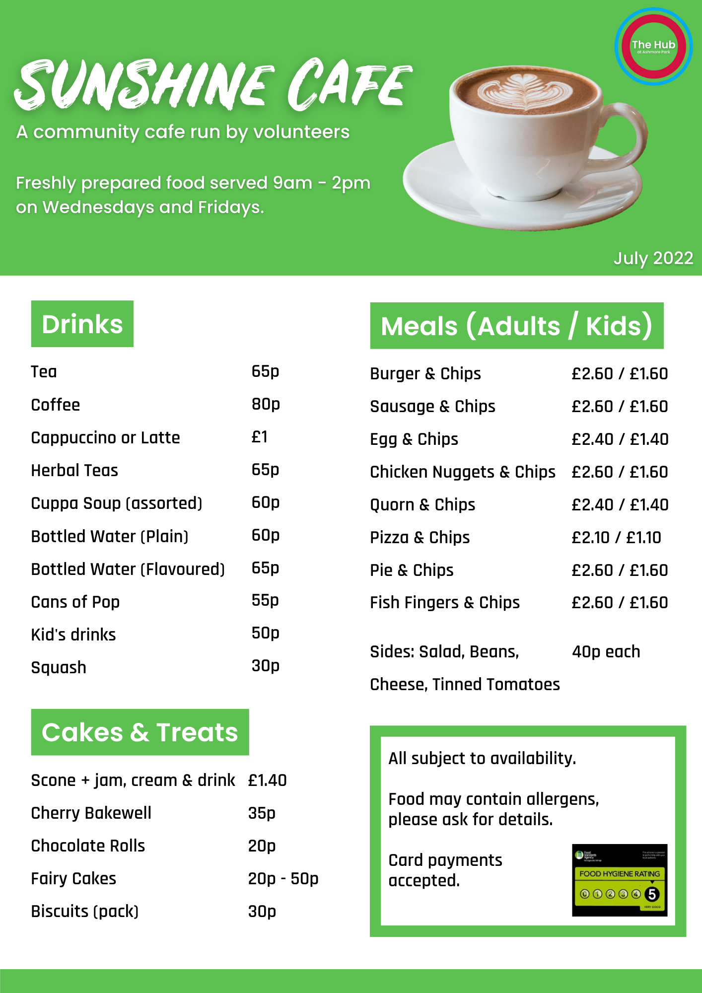 The Hub at Ashmore Park – Sunshine Cafe Menu1 (Aug 22) | The Hub at Ashmore Park